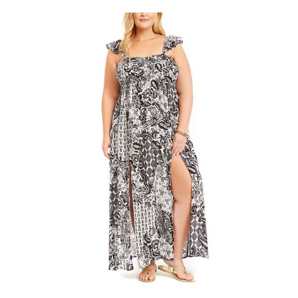 Raviya | Swim | Raviya Womens Black Slit Maxi Dress Smocked Square Neck ...